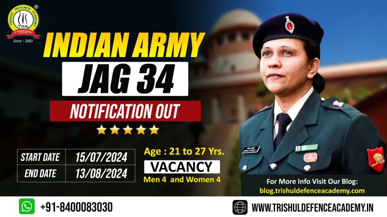Indian Army JAG 34th Online Form Notification Out